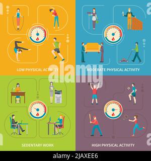 Flat concept 2x2 showing type of physical activity by voltage level ...