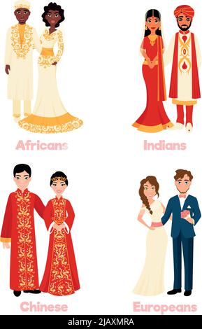 Multicultural wedding couples in national clothing on white background ...