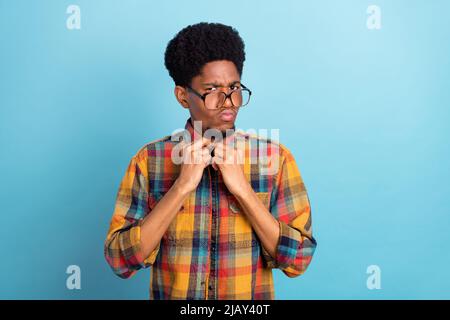 Photo of funky millennial curly hairdo lady show v-sign wear red ...
