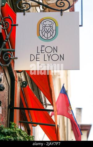 Sign of Leon de Lyon restaurant, Lyon, Rhone-Alps Auvergne region ...