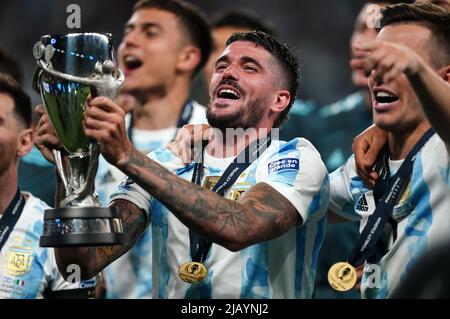 Argentina's Rodrigo De Paul lifts the World Cup Trophy during the FIFA ...