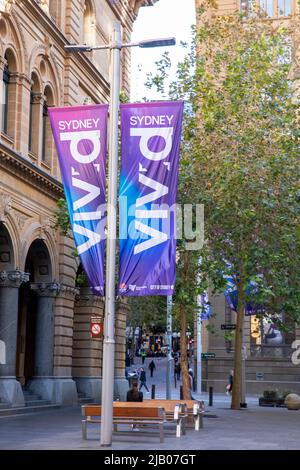 Vivid Sydney 2022 banners flying in Martin Place Sydney city centre,NSW ...
