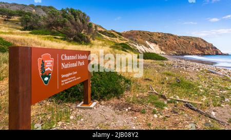 National Park sign at Smugglers Cove, Santa Cruz Island, Channel ...