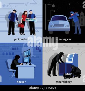 Various burglars and criminals committing crimes 2x2 flat isolated ...