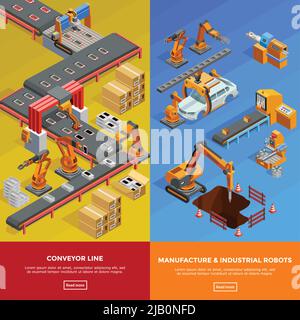 Isometric industrial robots. Assembly line machines, robotic arms with engineer workers and ...