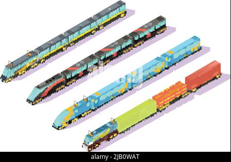 Trains composition of four isolated images of isometric train sets with ...