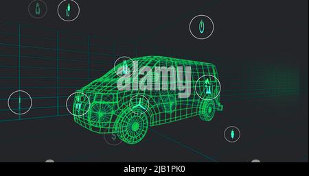 Image of icons processing status data over 3d car model moving on black ...