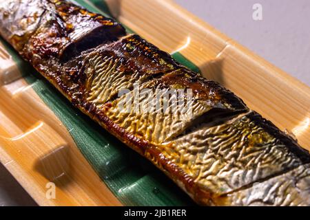 Closeup Grilled Japanese Sanma sold by Japanese supermarket. Pacific ...