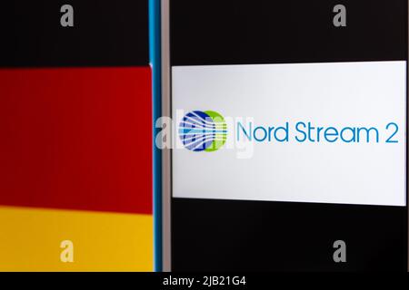 Nord Stream 2 logo on iPhone on German flag. Nord Stream is an offshore ...