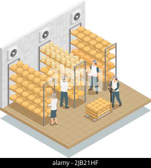 Cheese production, aging and storage in warehouse. Cheesemaker holding ...