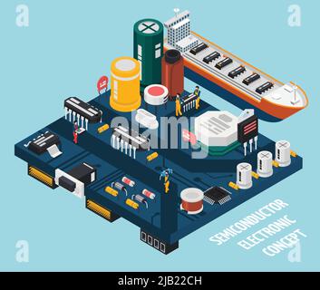 Colored isolated semiconductor electronic components isometric icon set with motherboard chips ...