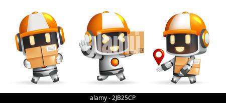 Robots character vector set design. Robotic characters with pose and gestures of standing ...
