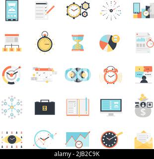 Time management icons set with charts analysis and optimization goals ...