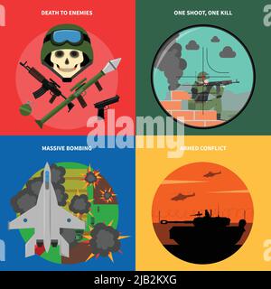 War concept icons set with death to enemies massive bombing and armed ...