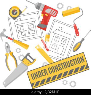 Construction worker building project technical drawing carpentry tools ...