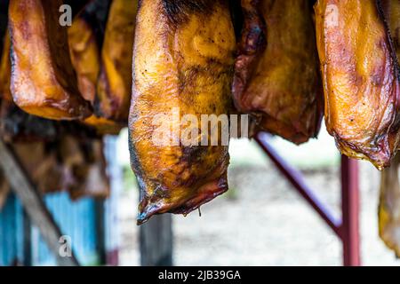Greenland shark meat during drying. After a few days in the air, the ...