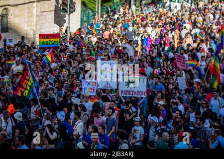 Jerusalem, Israel. 02nd June, 2022. Israelis march with rainbow-themed ...