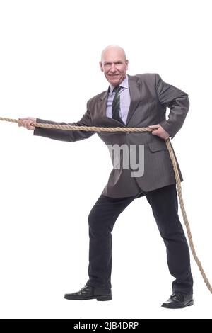 business man pulls a rope. isolated on a white Stock Photo - Alamy