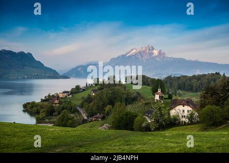 Panorama with lake and mountains, Eggisbuehl Chapel, Pilatus in the ...