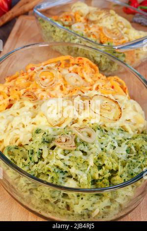 Swabian cuisine, spaetzle casserole, three types of spaetzle baked with ...