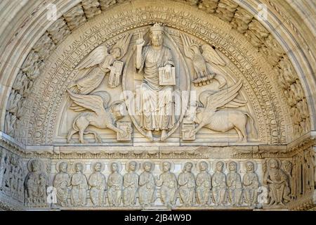 Last Judgment. Romanesque tympanum of the main portal of the Abbey ...