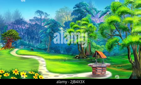 Well in the yard in the village on a summer day. Digital Painting ...