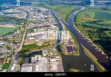 Aerial view of Magdeburg harbour, inland harbour, Elbe, Mittellandkanal ...