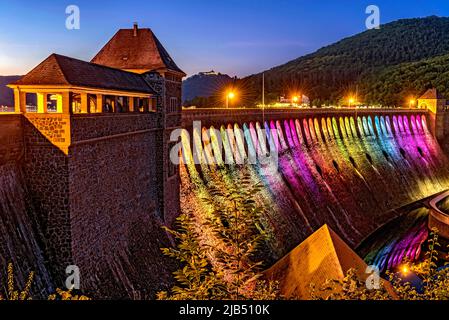 Dam in the evening light, rainbow-coloured colourful illumination, dam ...