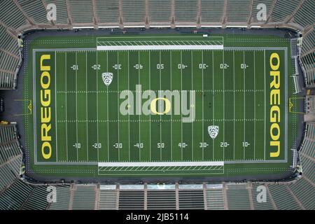 Eugene, United States. 27th May, 2022. A general overall aerial view of ...