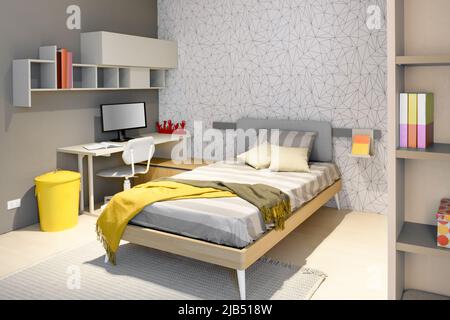 Desk with computer and chair located near glass door in spacious living ...