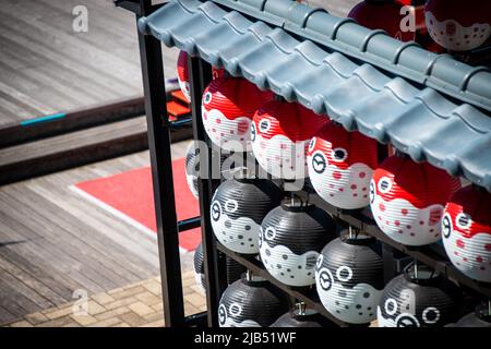 Large Fugu puffer fish monument in Kamon Wharf. Shimonoseki is ...