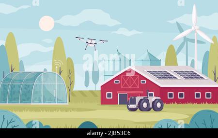 Smart farming cartoon composition with outdoor landscape and computer ...