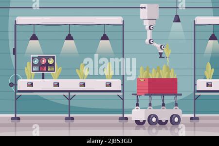 Smart farming cartoon composition with indoor scenery automated cart ...