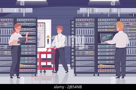 Datacenter cartoon composition with indoor view of room with server ...