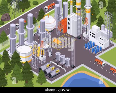 Oil industry composition with derrick can truck water platform tanker ...