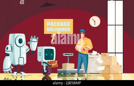 Automatic delivery futuristic cartoon composition with storage worker ...