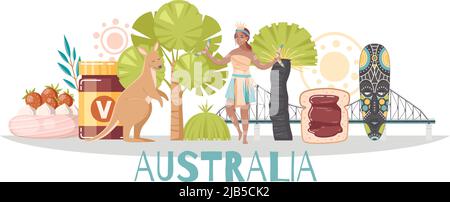 Australia cartoon composition with kangaroo vegemite ancient wooden ...