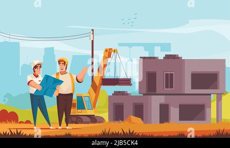 Builder and architect discussing working problems against of unfinished ...