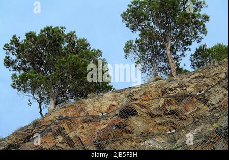 Draped mesh rockfall barrier along Stock Photo - Alamy