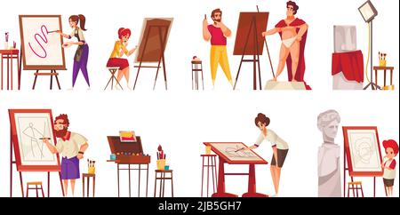 Set of cartoon compositions with artists of different ages painting in ...