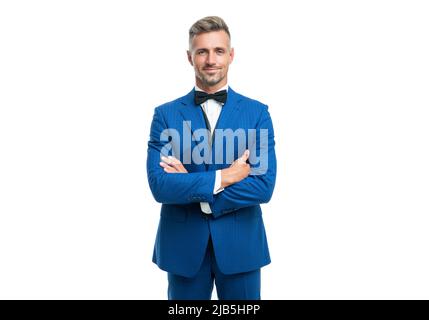 hoary man bridegroom in rich tux bow isolated on white background. full ...