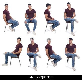 group of same man sitting of front in various poses on white background ...