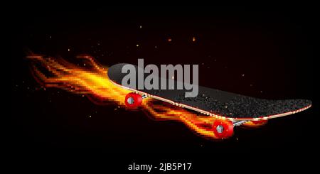 Skateboard on fire at dark background with sparks demonstrated effect ...