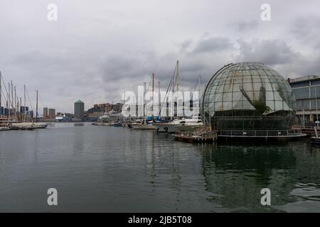 The Biosfera, designed by Renzo Piano, in the harbor of Genoa (Genova ...