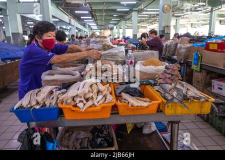 Vegetables stalls selling salted fish at Sibu Central Market Complex ...