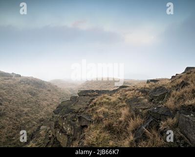 Moon and fog at Higher Standedge / Bentley Farm looking across ...