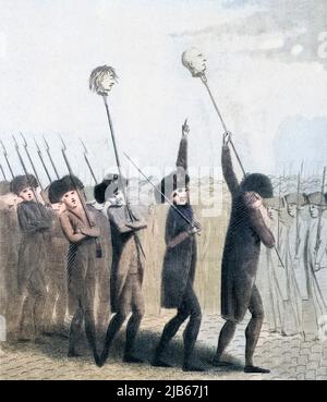 Revolutionary mob carrying on pikes the heads of the Marquis de Launay ...