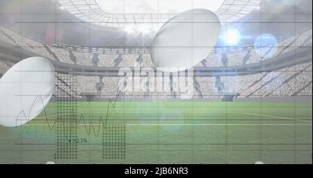 Image of falling rugby balls with graphs and data processing over ...