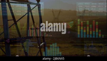 Image of financial data processing against close up of desks at office ...