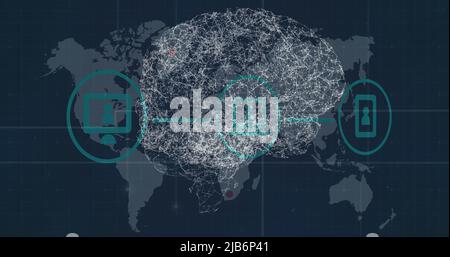 Image of rotating brain with connections over icons and world map Stock ...